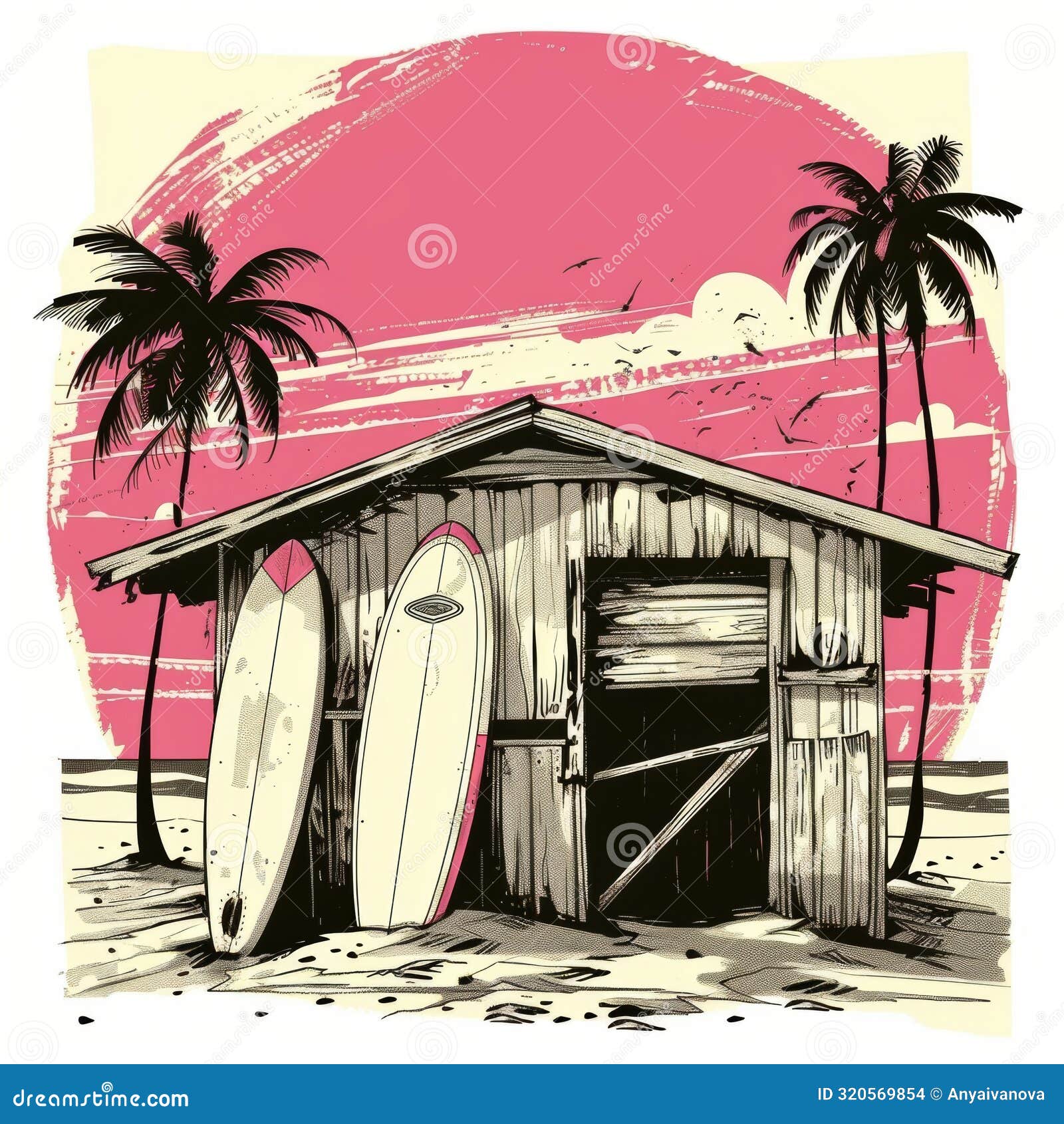 Rustic Beach Hut with Surfboards and Palm Trees at Sunset Stock Photo ...
