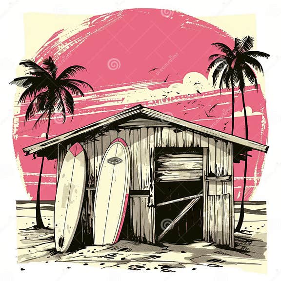 Rustic Beach Hut with Surfboards and Palm Trees at Sunset Stock Photo ...