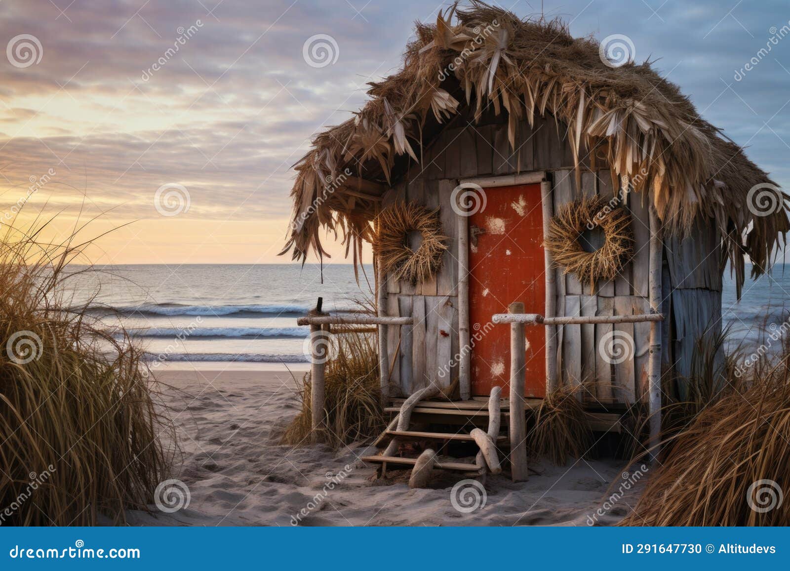A Rustic Beach Hut with a Thatched Roof, Decorated with Starfish and ...