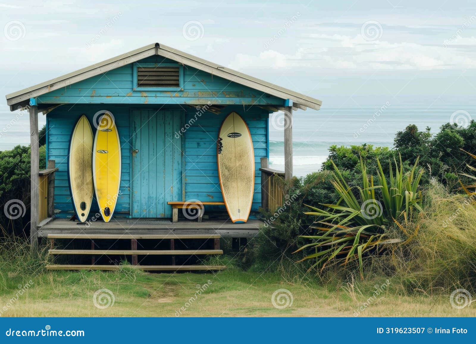Rustic Beach Shack with Four Surfboards in Front of it Stock Image ...
