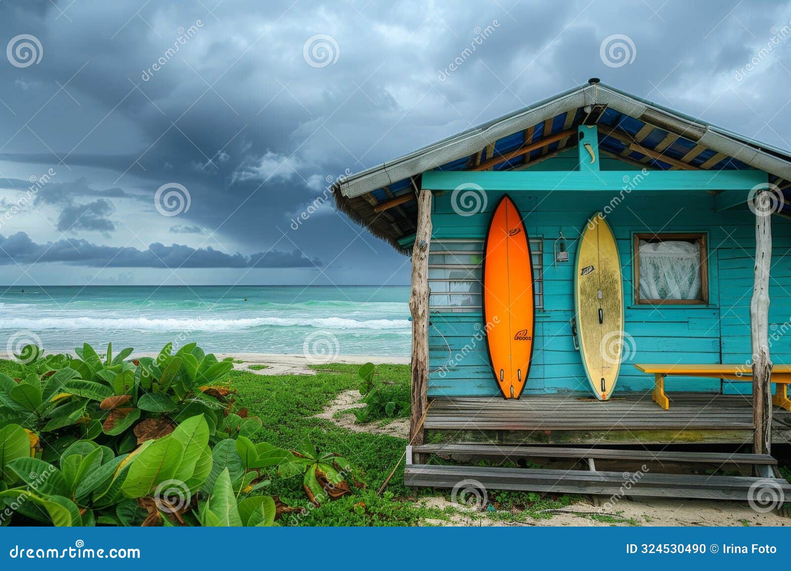 Rustic Beach Shack with Four Surfboards in Front of it Stock Photo ...