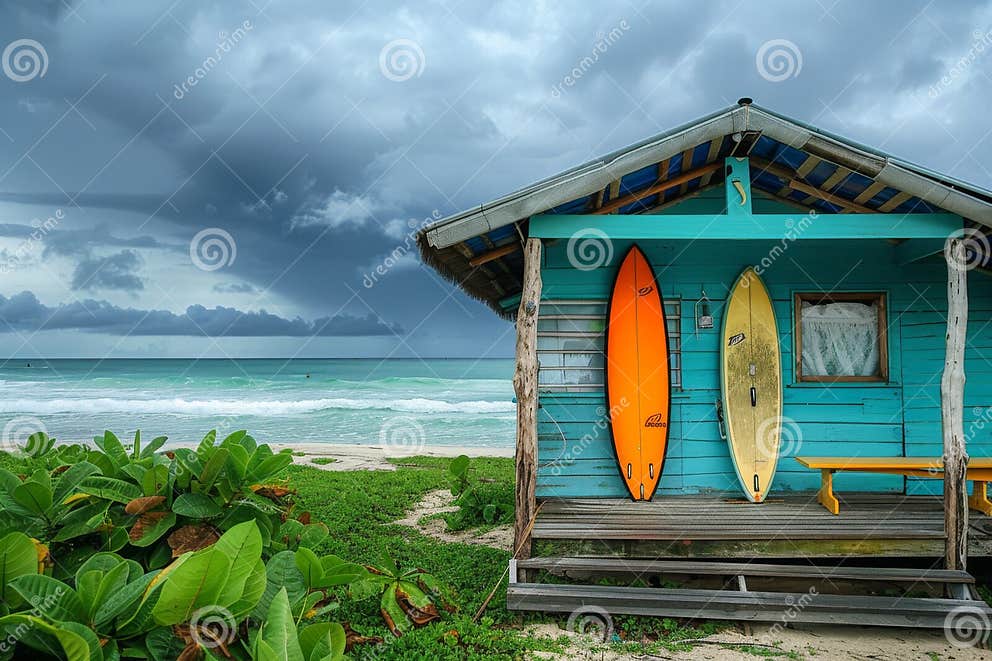 Rustic Beach Shack with Four Surfboards in Front of it Stock Photo ...