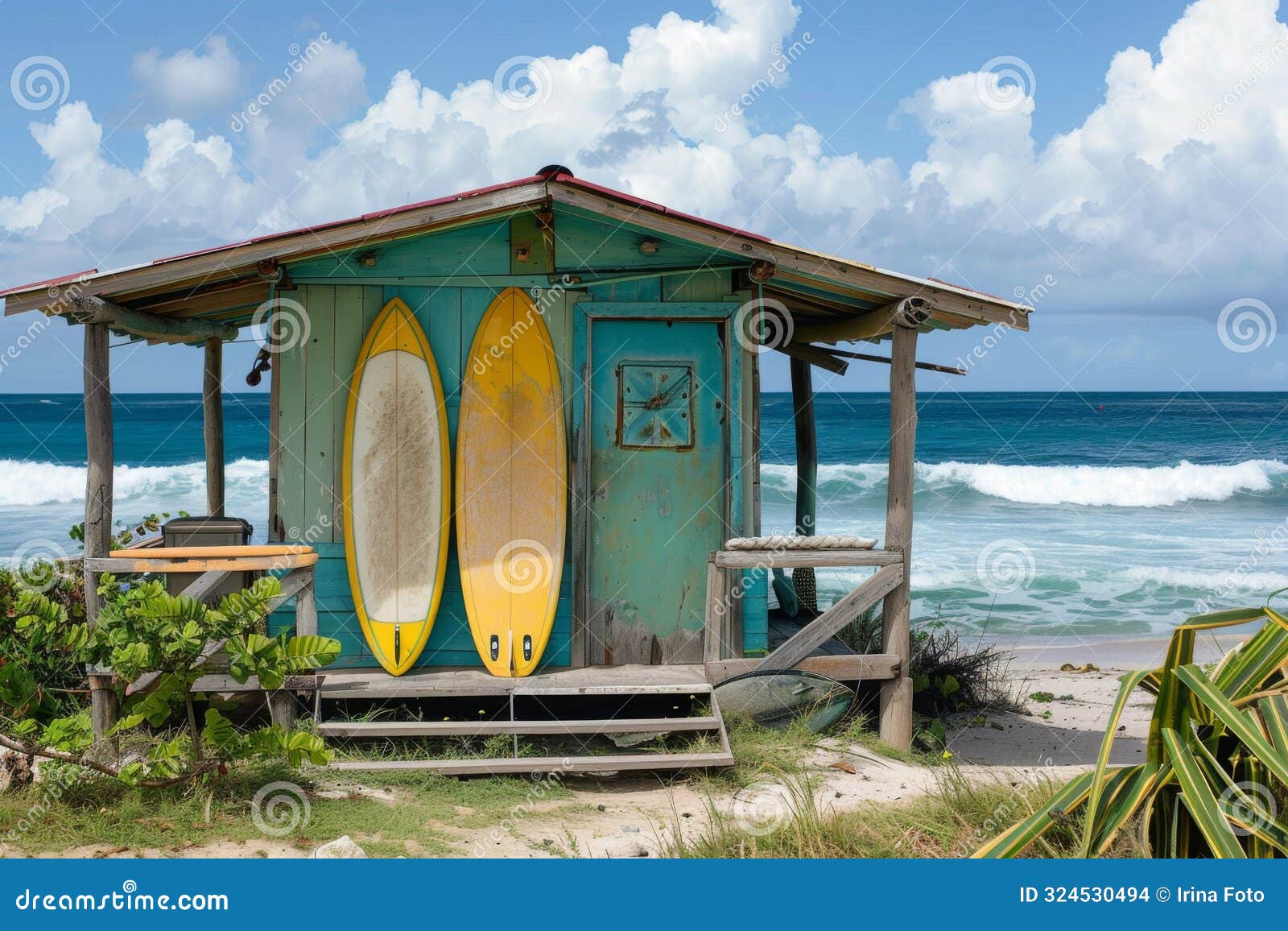 Rustic Beach Shack with Four Surfboards in Front of it Stock Photo ...