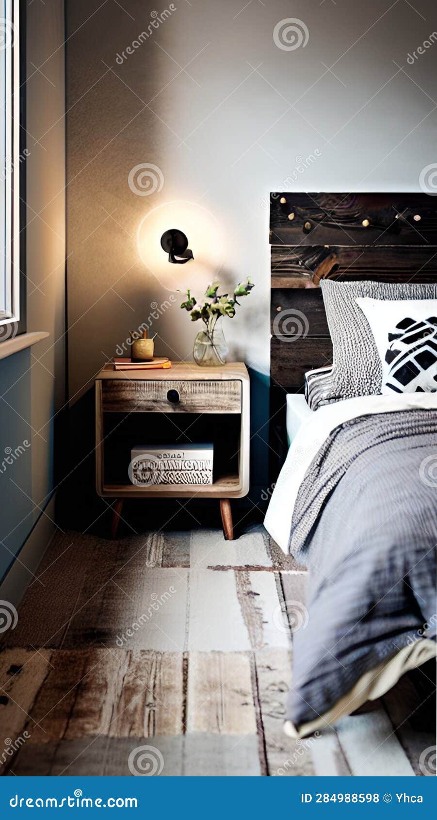 A Rustic Bedroom With A Bed A Nightstand And A Lamp Illustration Artificial Intelligence 6579