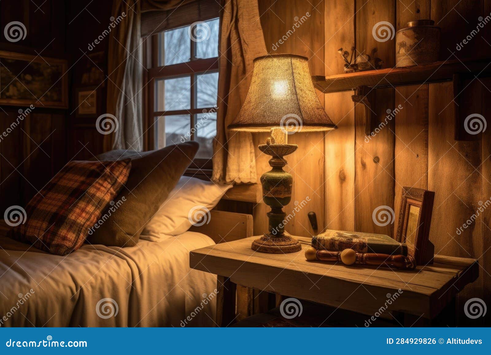 Rustic Bedside Lamp in a Cozy Cabin Setting Stock Illustration ...