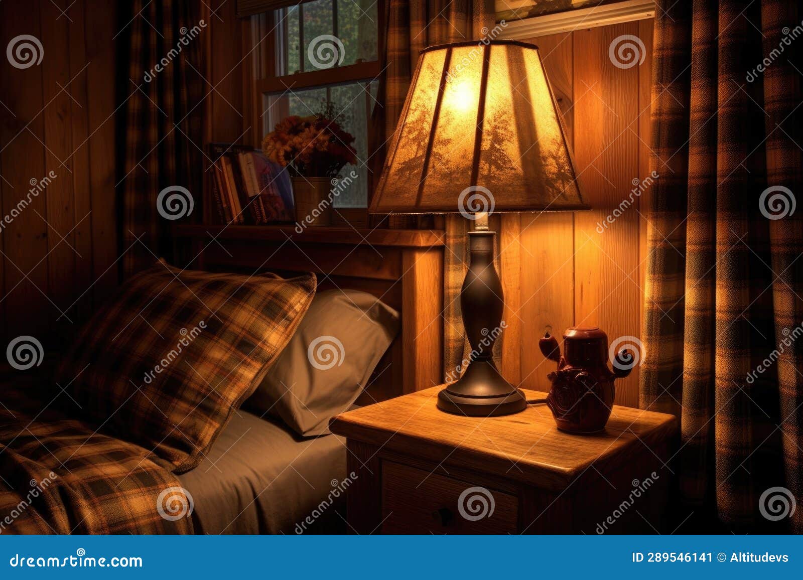 Rustic Bedside Lamp in a Cozy Cabin Setting Stock Image - Image of ...