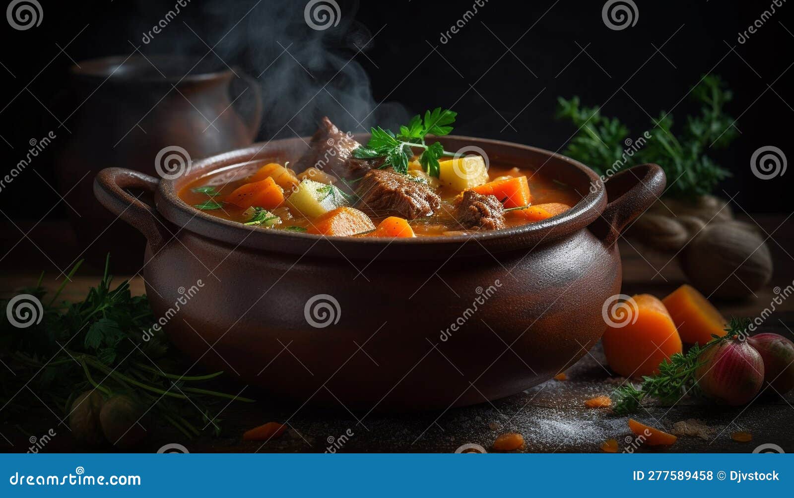 A Rustic Beef Stew Cooked in a Crockery, Perfect for Lunch Generated by ...
