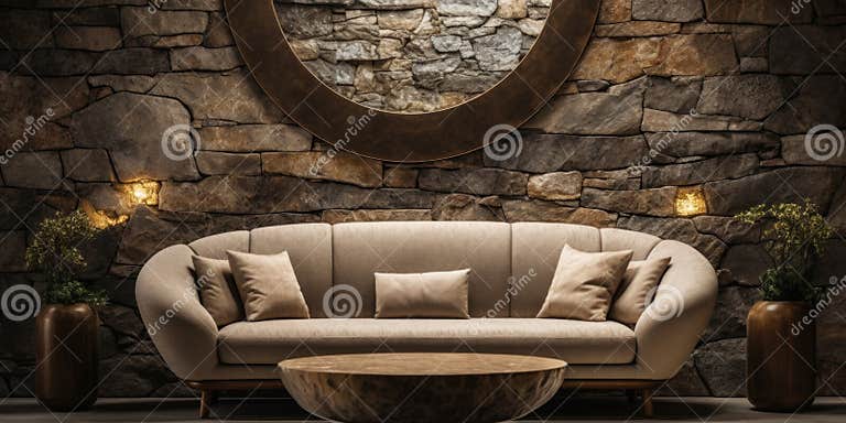 Rustic Beige Fabric Sofa Near Stone Cladding Wall with Decorative Round ...