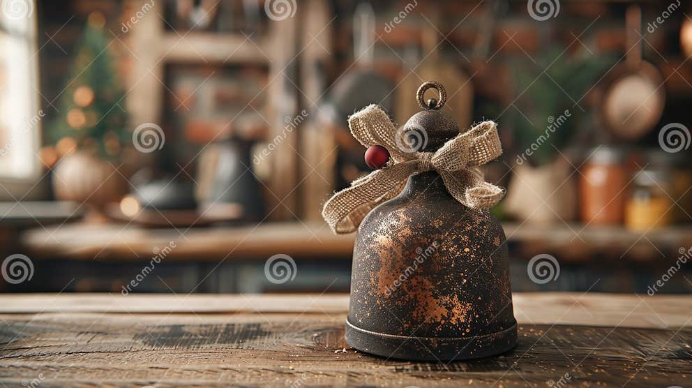 Rustic Bell with Burlap Ribbon in Cozy Kitchen Setting. Stock Image ...