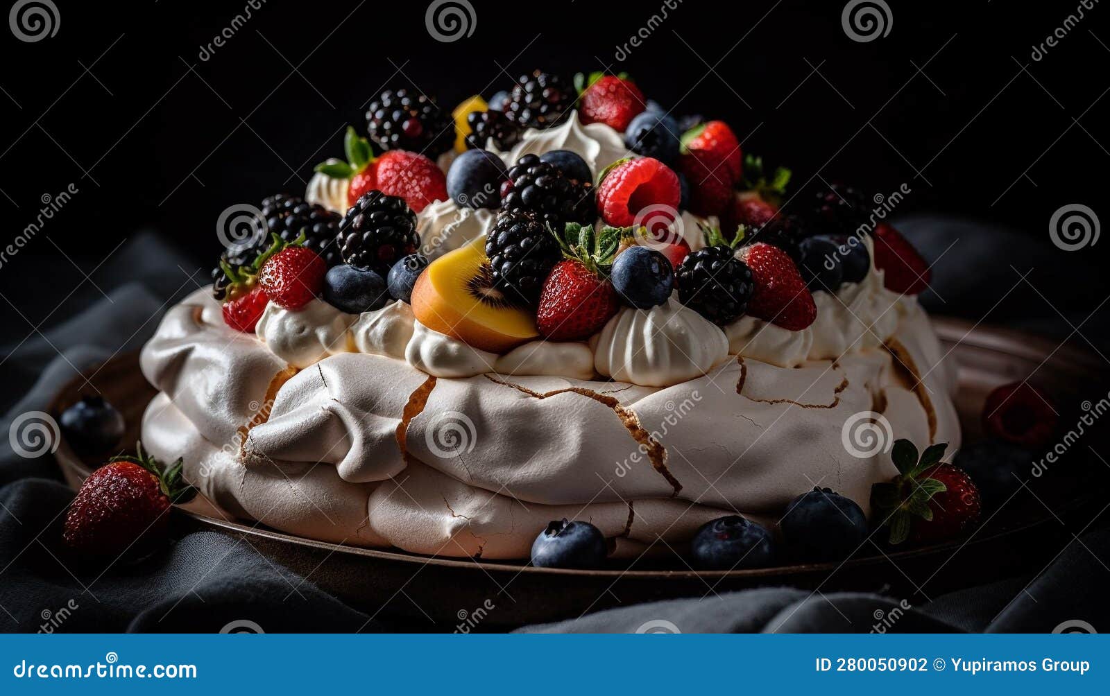 Rustic Berry Pavlova with Whipped Cream and Chocolate Decoration ...