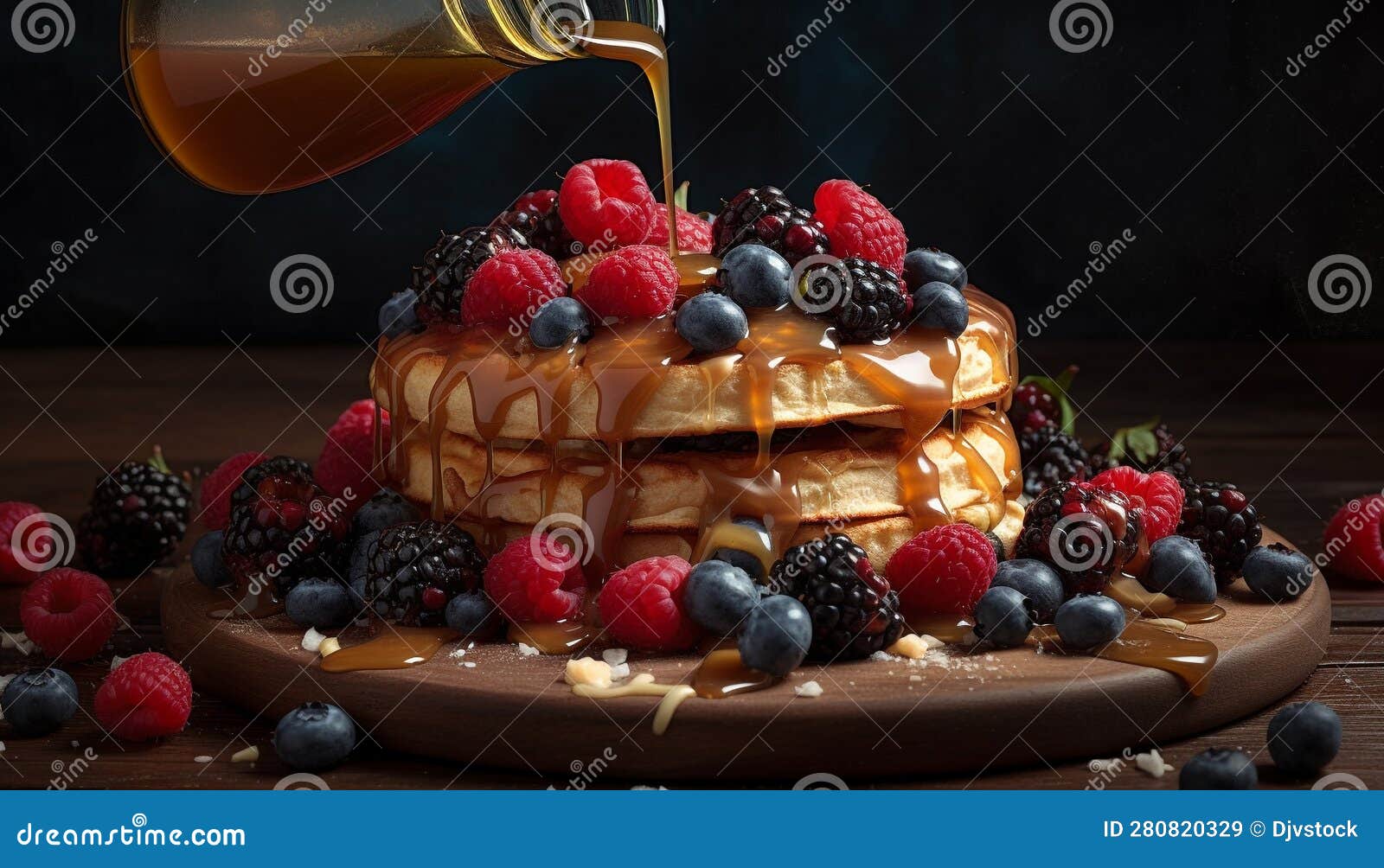 Rustic Berry Stack with Homemade Chocolate Sauce on Wooden Table ...
