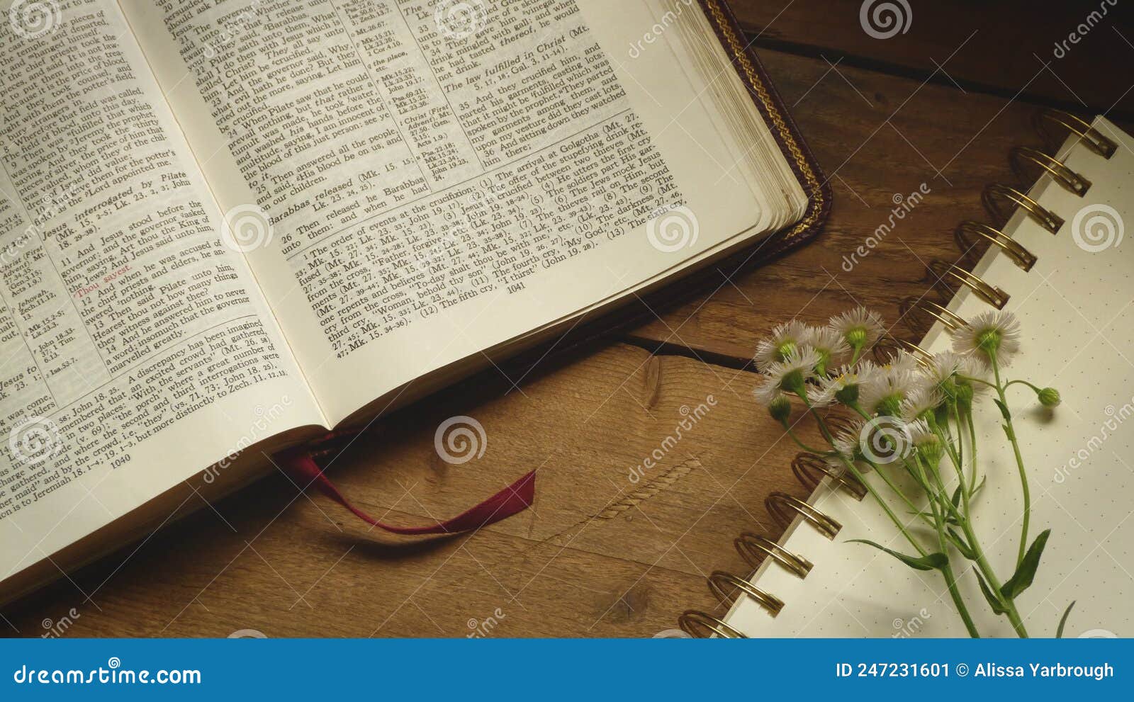 Rustic Bible on a Wooden Background with Notepad and Flowers Stock ...