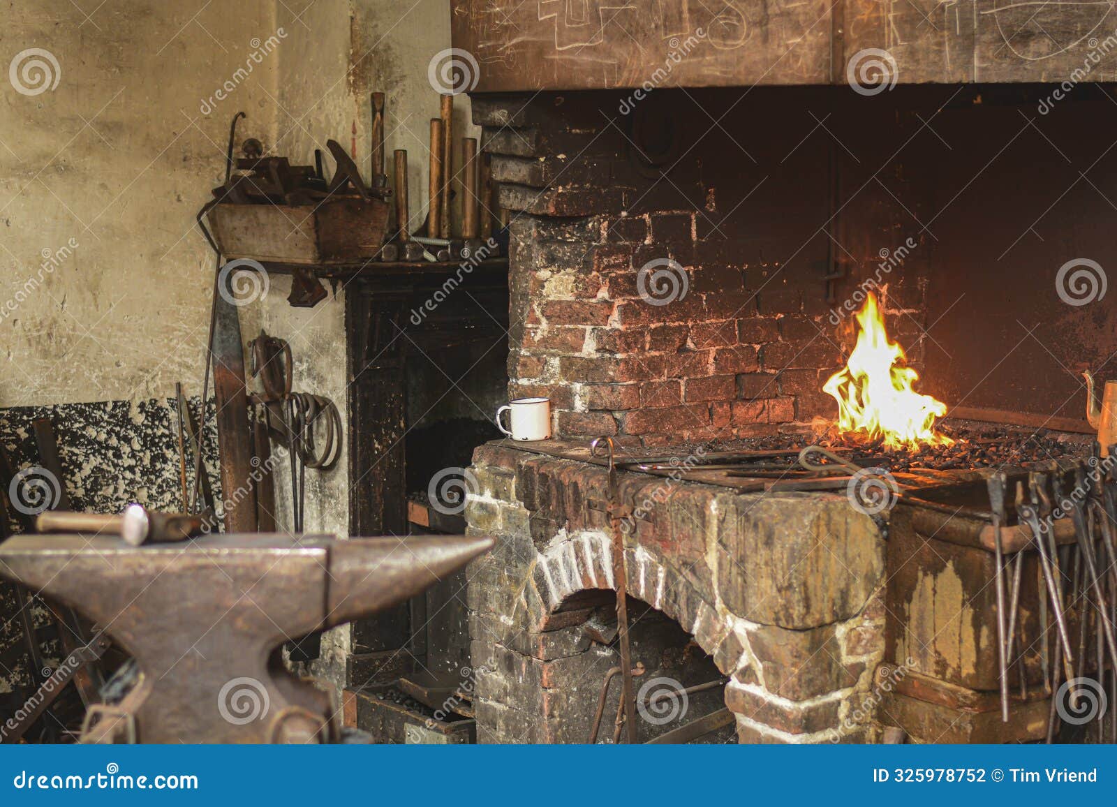 Rustic Blacksmith Forge with Anvil and Glowing Fire Stock Photo - Image ...