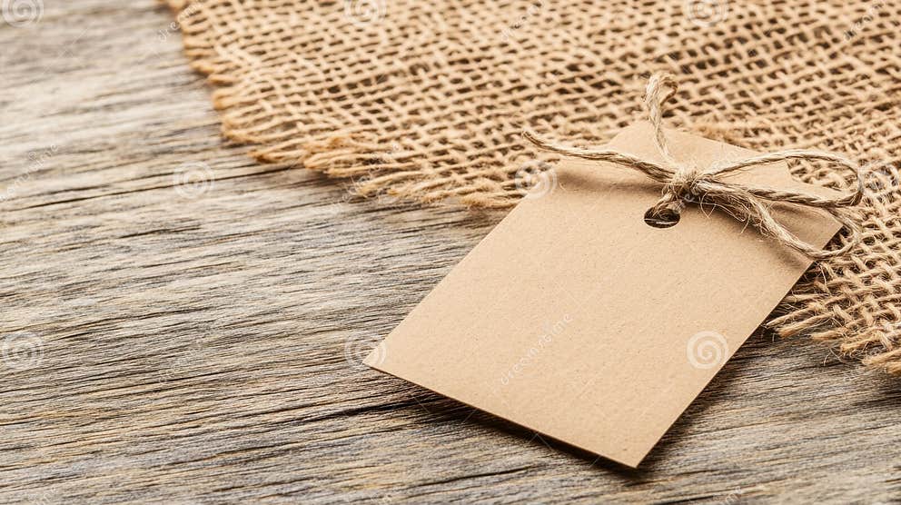 Rustic Blank Kraft Paper Tag with String Loop on Wooden Table Stock ...