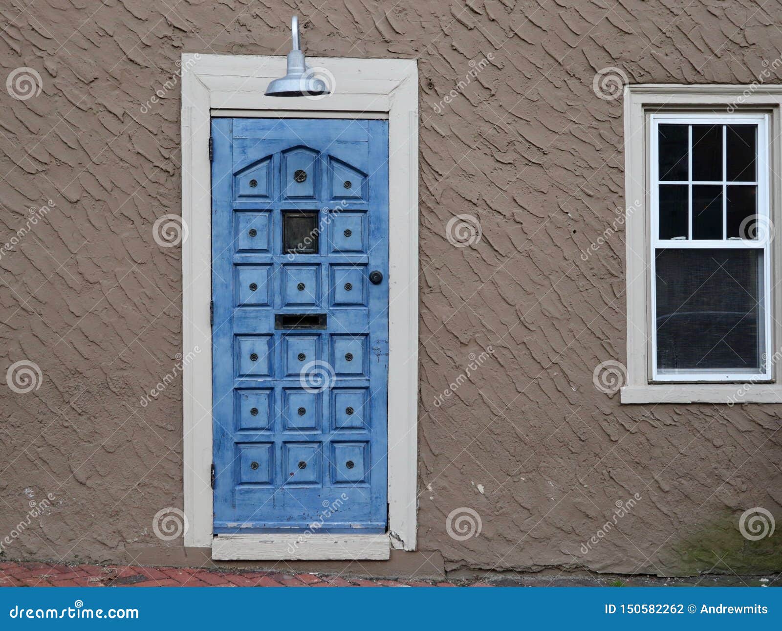 Rustic Blue Door with Overhead Lamp Stock Photo - Image of doorway ...