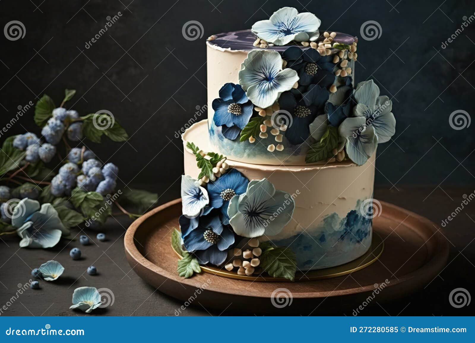 Rustic Blue Flower Cake. Wedding Cake Concept. Dark Background Stock ...