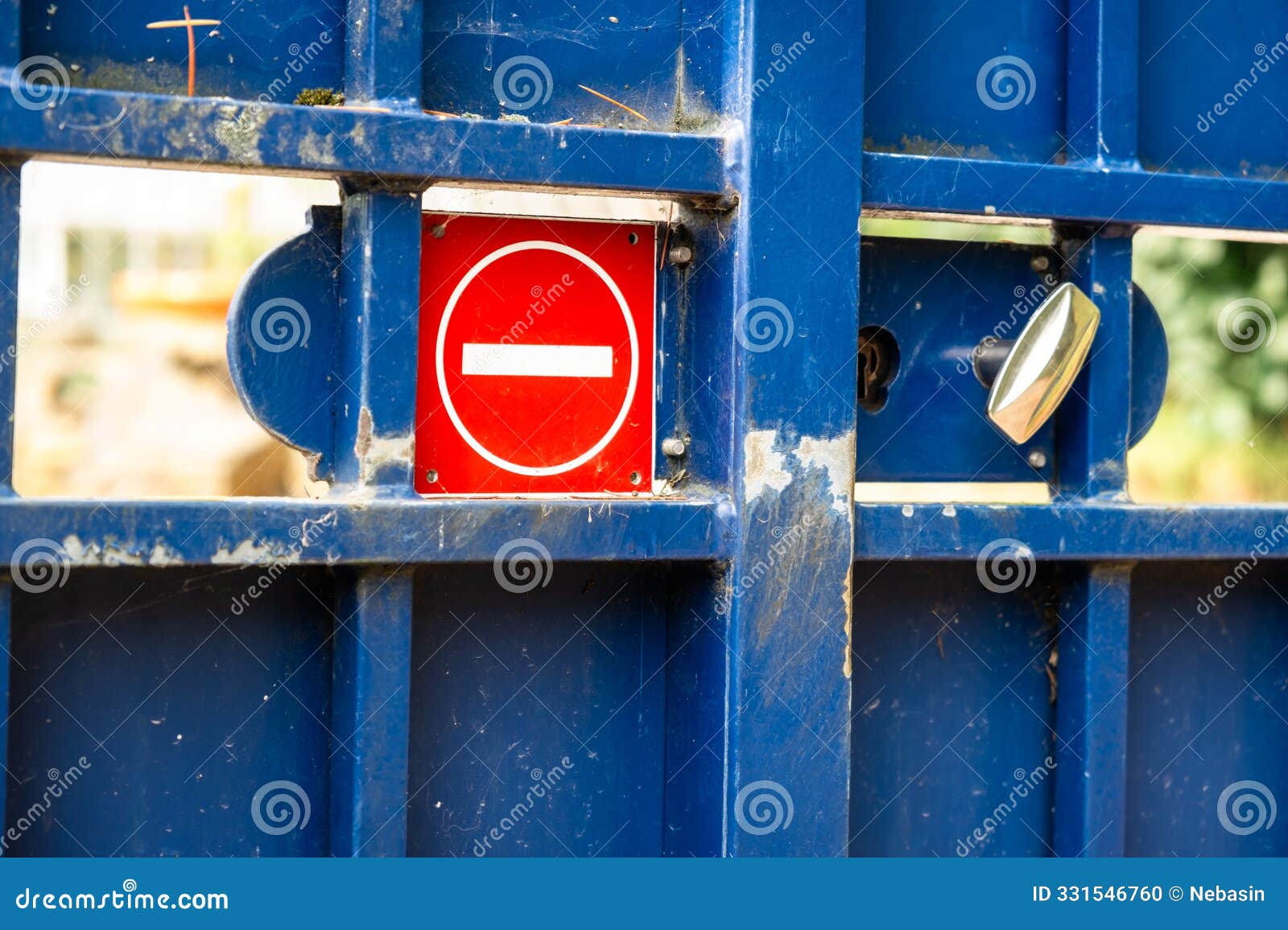Rustic Blue Metal Gate with No Entry Sign and Weathered Look Stock ...