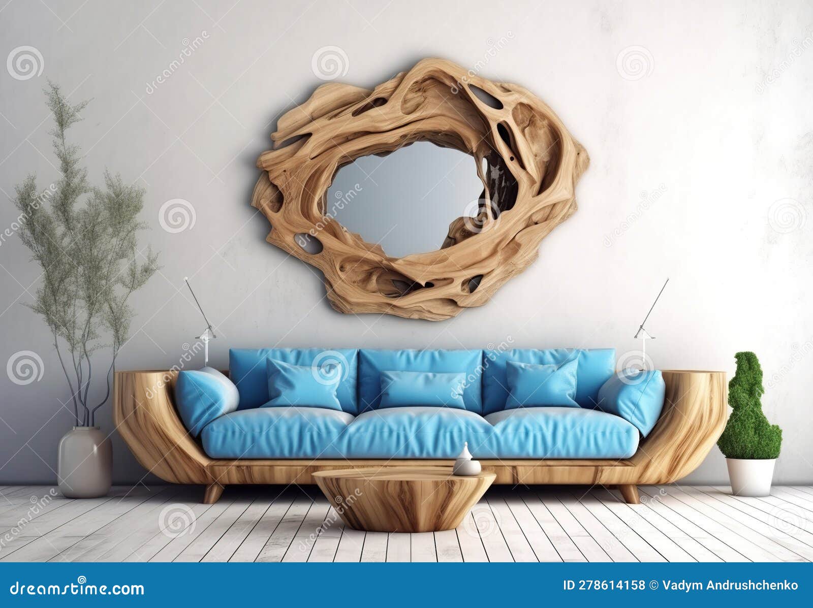 Rustic Blue Sofa Near White Wall with Decorative Wood Tree Root Frame ...
