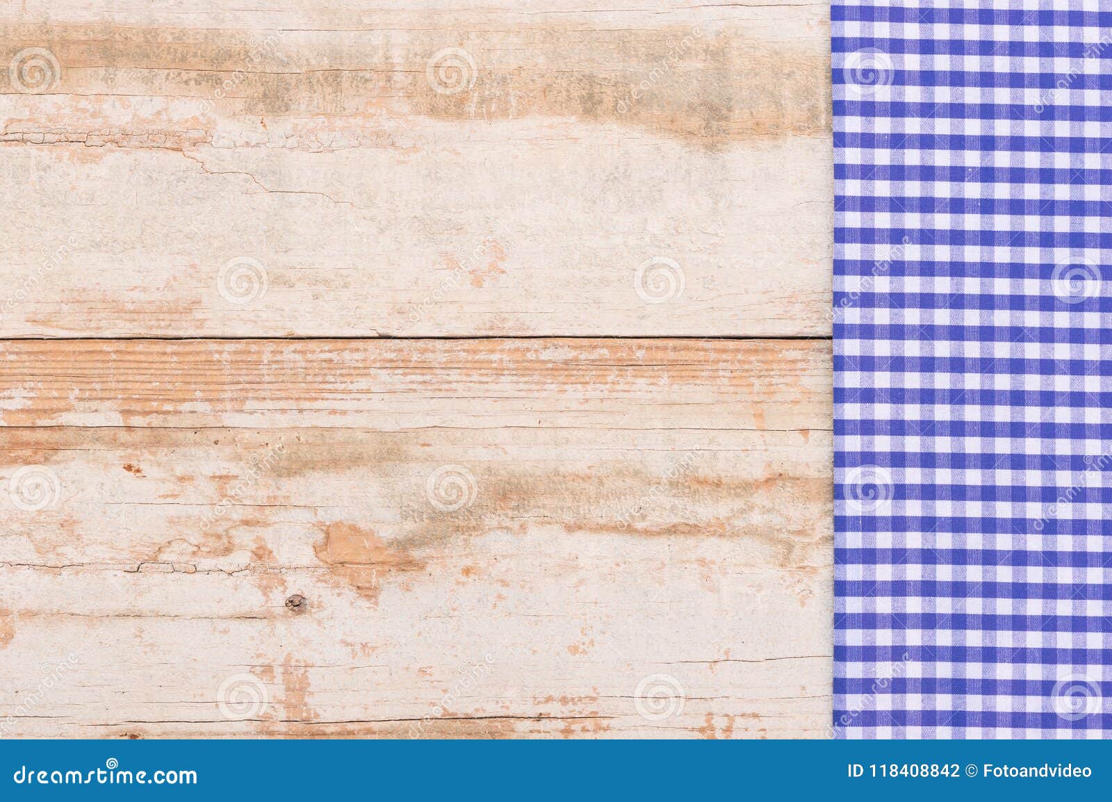 Rustic Blue Tablecloth On Old Wooden Kitchen Table Background Stock ...