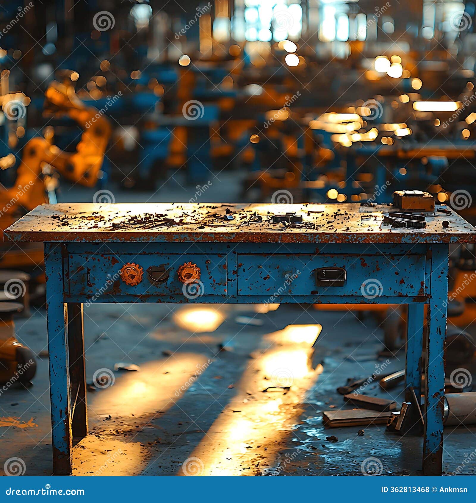 Rustic Blue Workbench In A Sundrenched Industrial Setting. Scattered Metalwork Hints At Recent ...