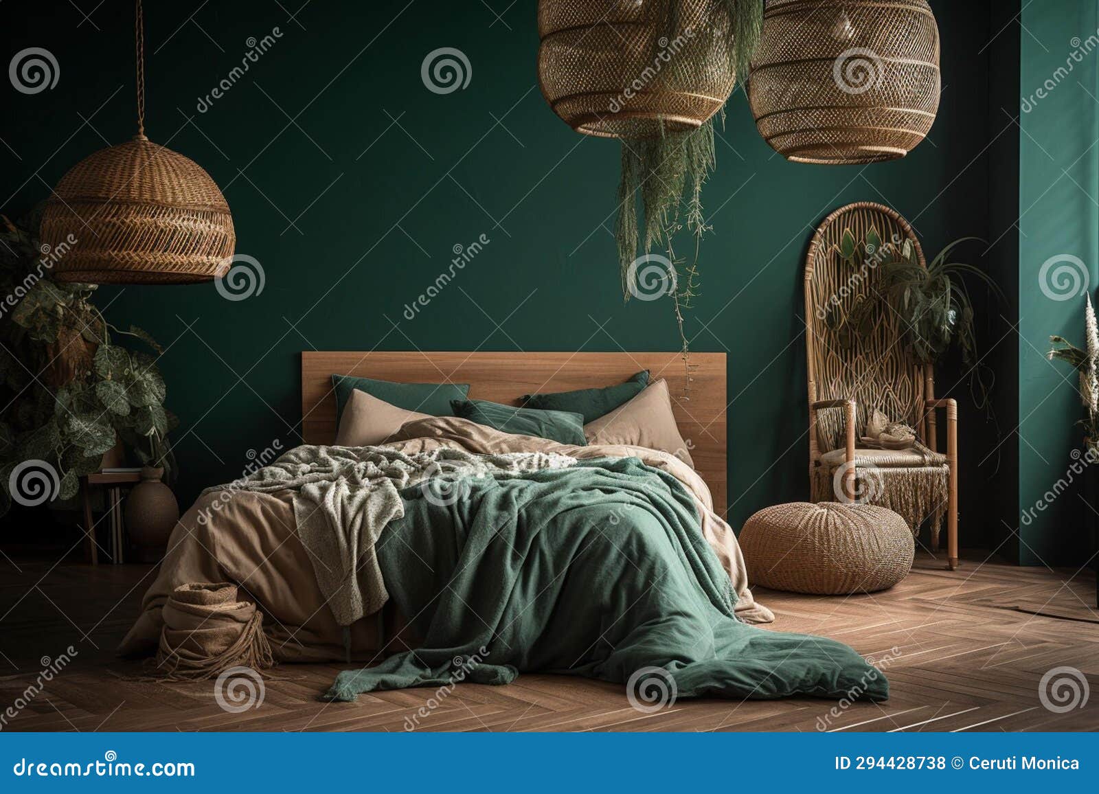 Rustic Boho Bedroom With Rattan Commode And Eucalyptus Green Wall Stock ...