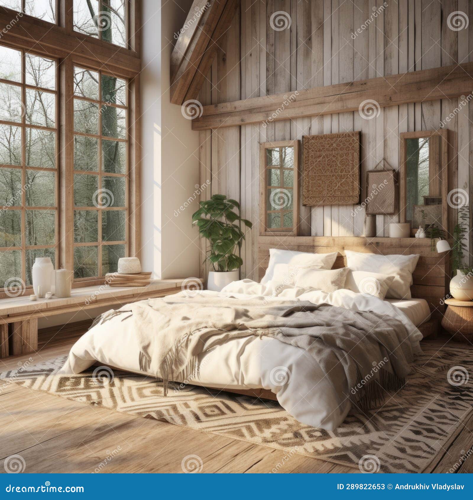 Rustic, Boho Interior Design of Modern Bedroom in Farmhouse Stock ...