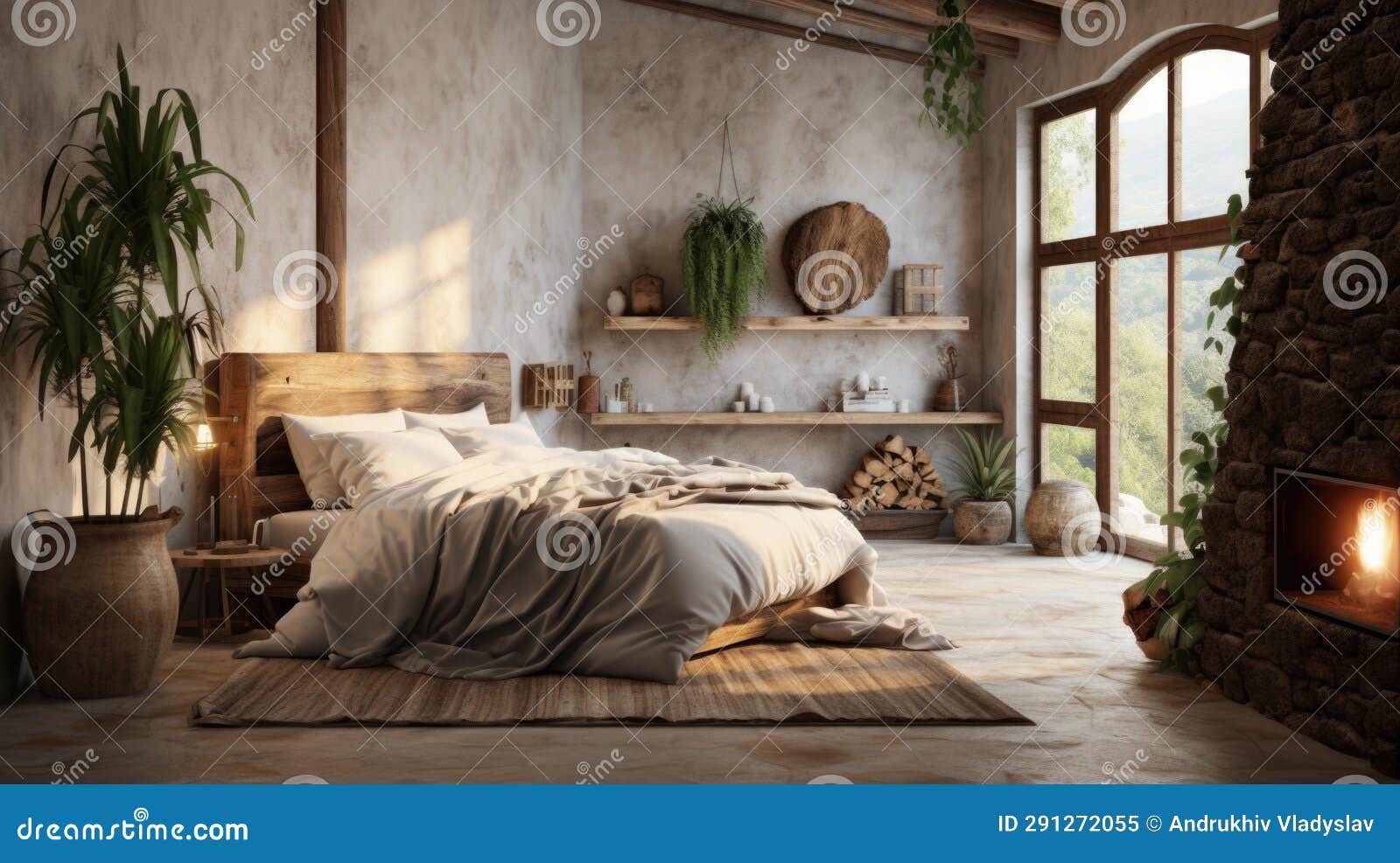Rustic, Boho Interior Design of Modern Bedroom in Farmhouse Stock ...