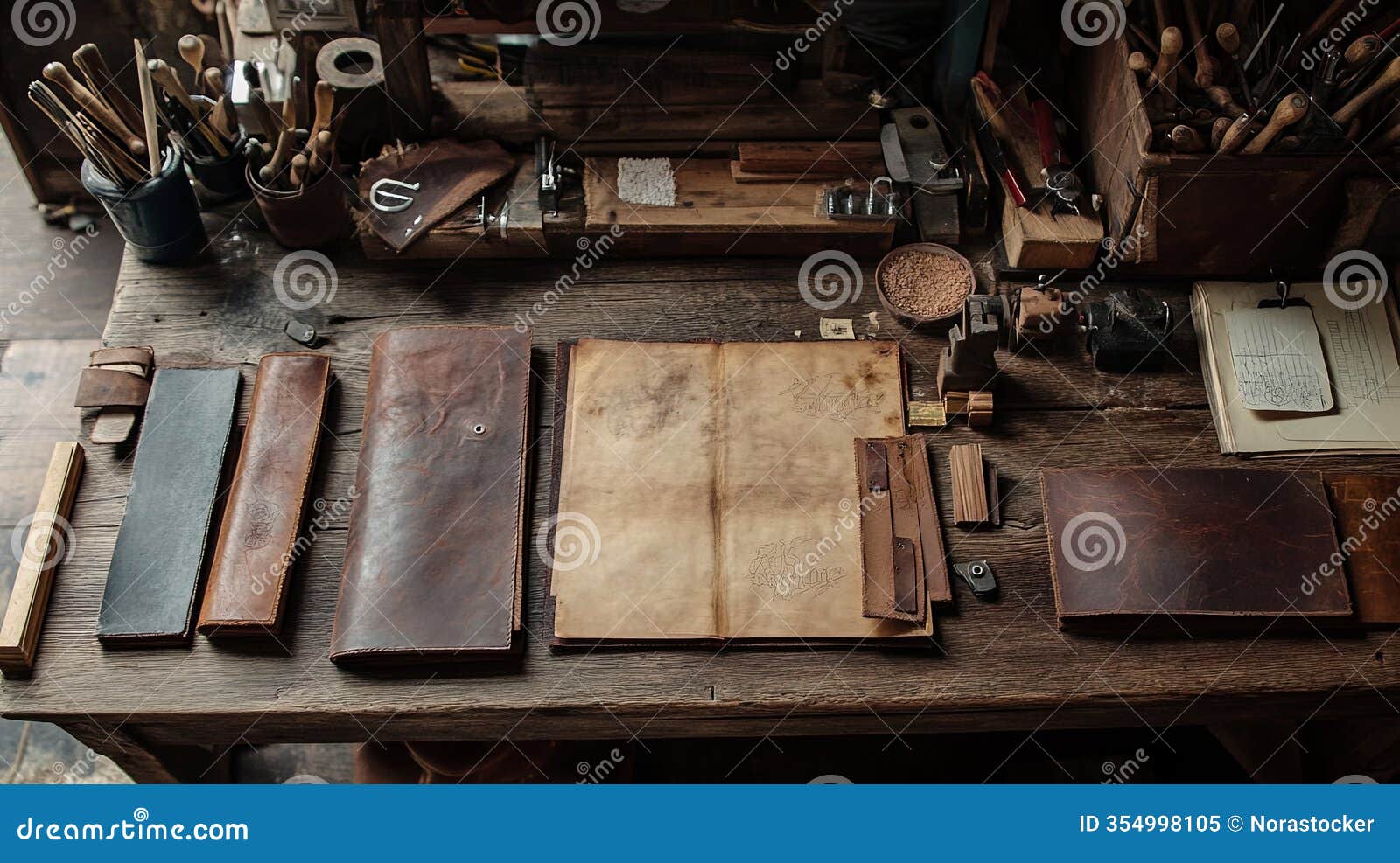 A Rustic Bookbinding Workshop with Leather Covers, Glue, and Clamps ...