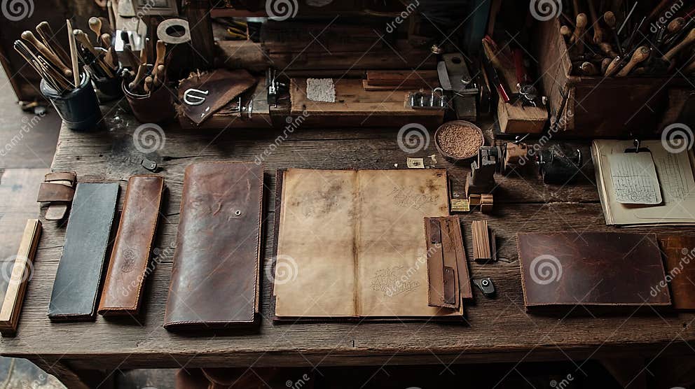 A Rustic Bookbinding Workshop with Leather Covers, Glue, and Clamps ...