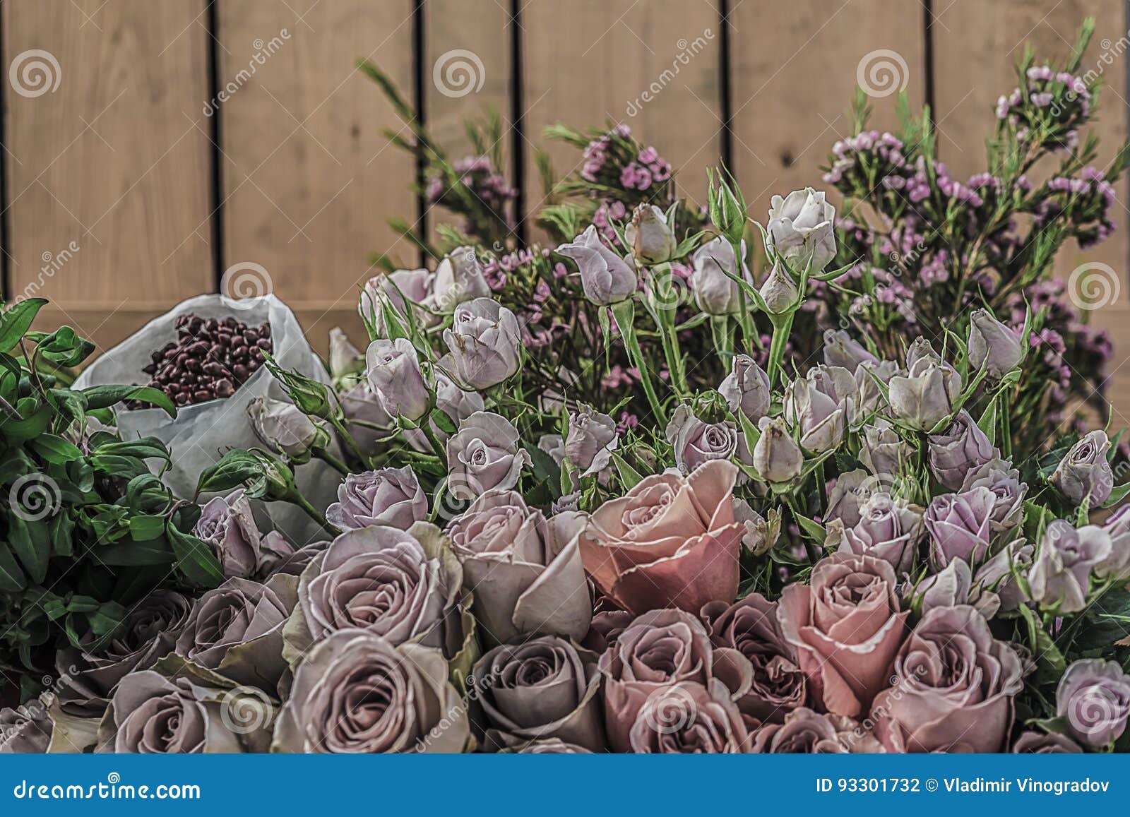 Rustic Bouquet with Pink Roses and Wild Flowers Stock Photo - Image of ...