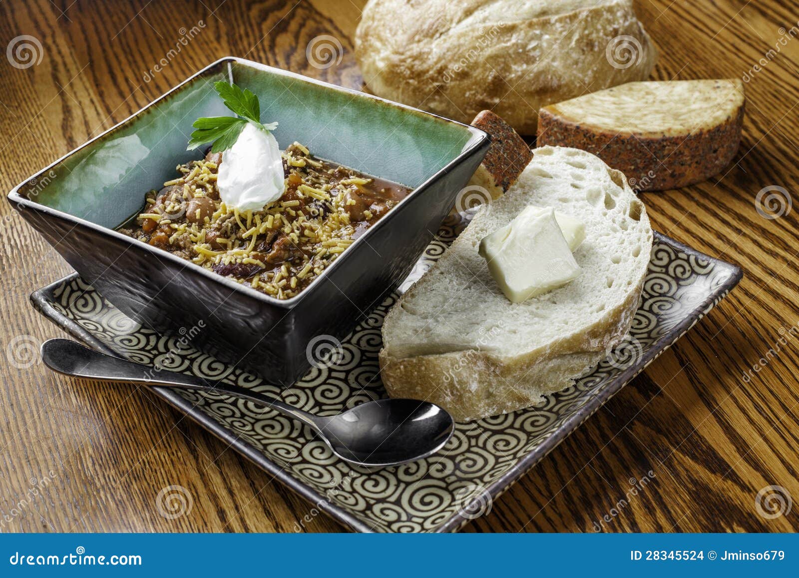 Rustic Bowl of Chili with Bread and Cheese Stock Photo - Image of ...