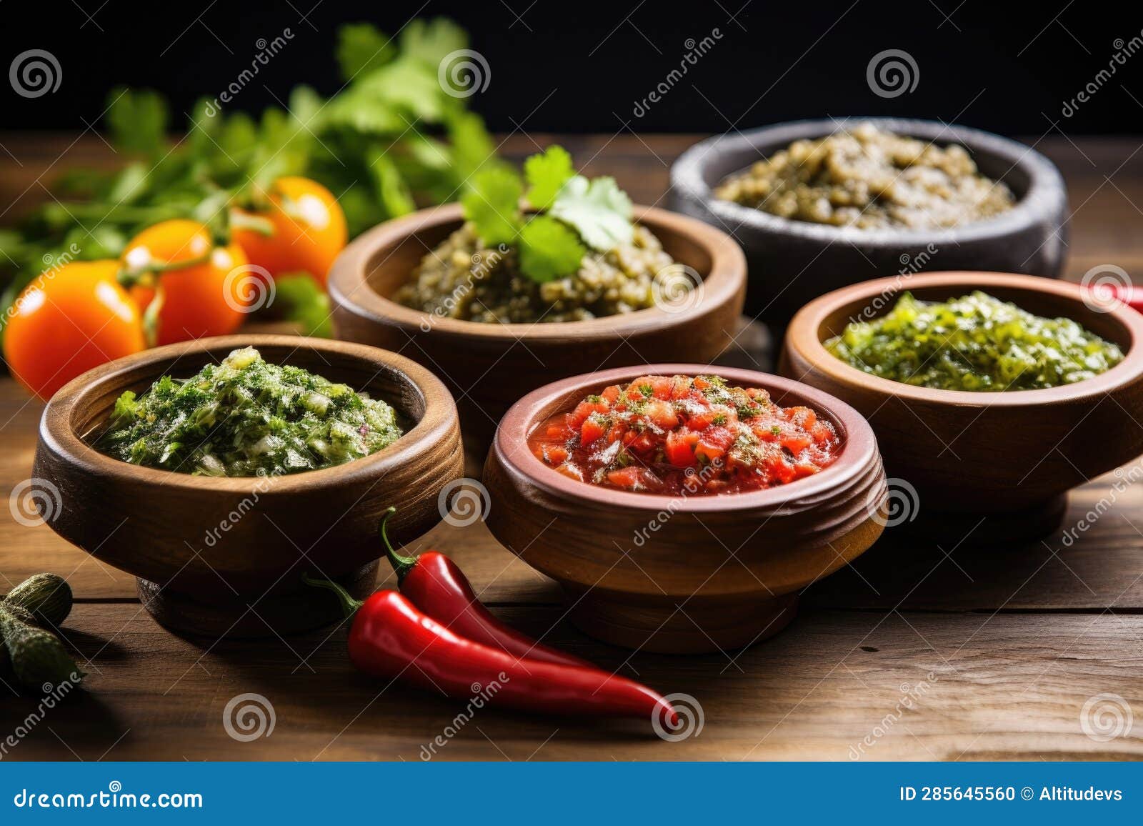 Rustic Bowls Filled with Different Types of Homemade Salsa Stock Photo ...