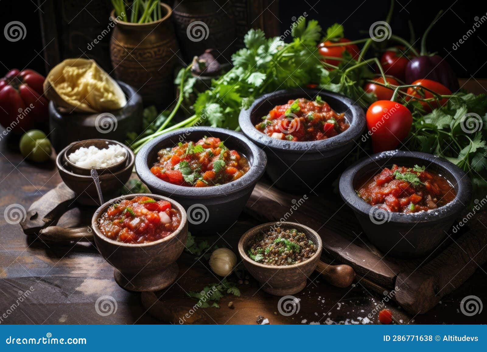 Rustic Bowls Filled with Different Types of Homemade Salsa Stock Photo ...