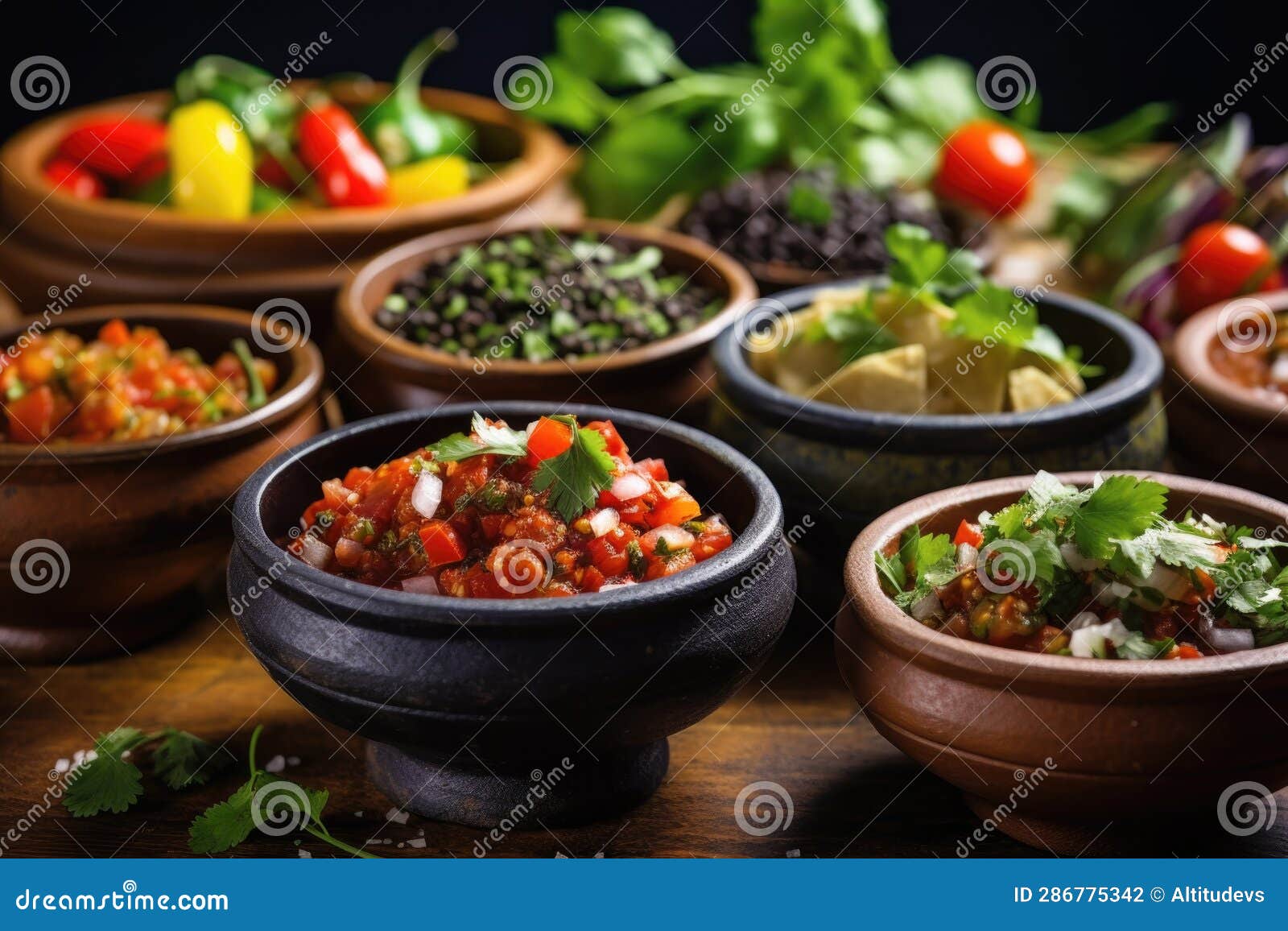 Rustic Bowls Filled with Different Types of Homemade Salsa Stock Photo ...