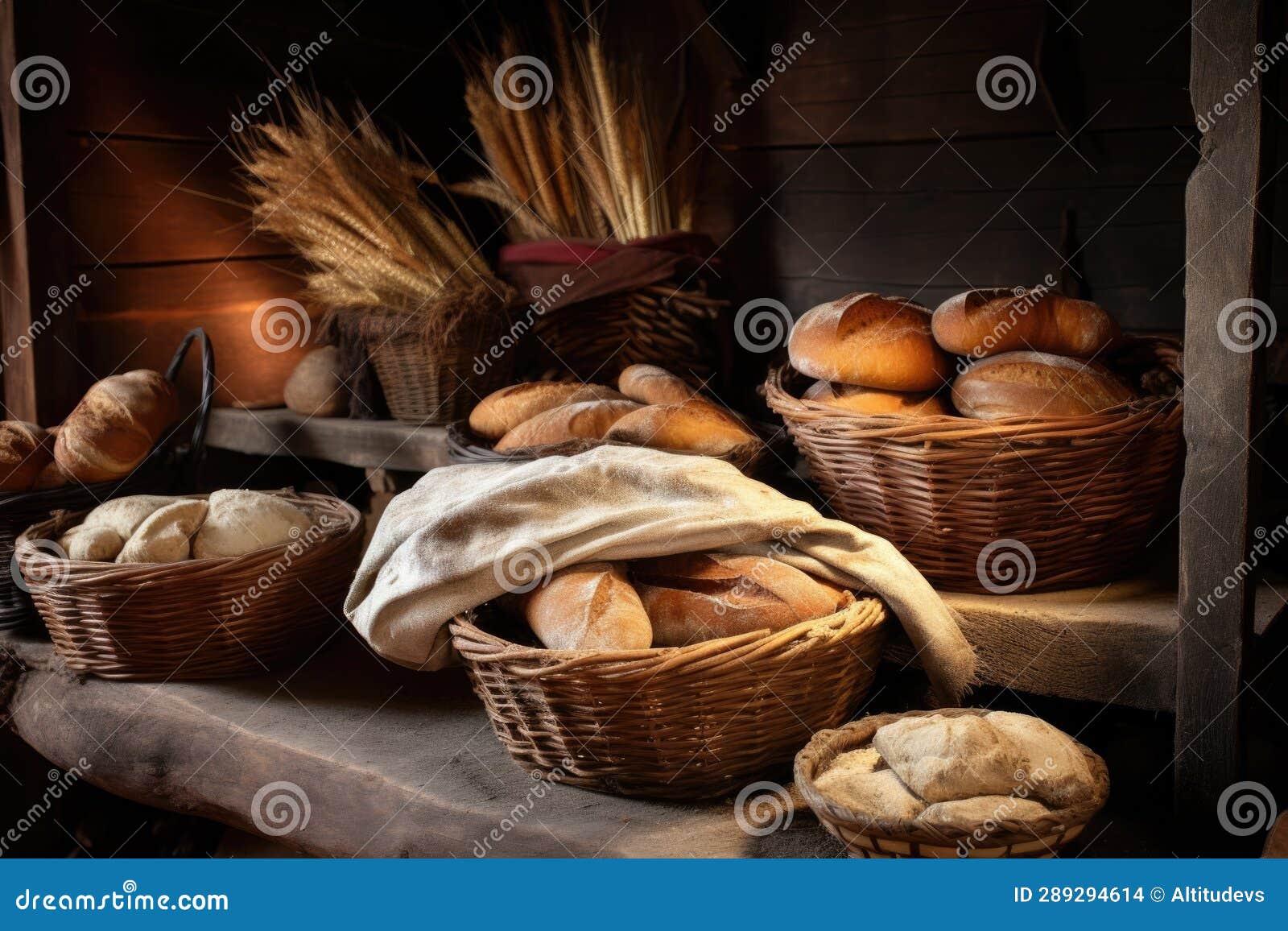 Rustic Bread Baskets Filled with Various Loaves Stock Photo - Image of ...