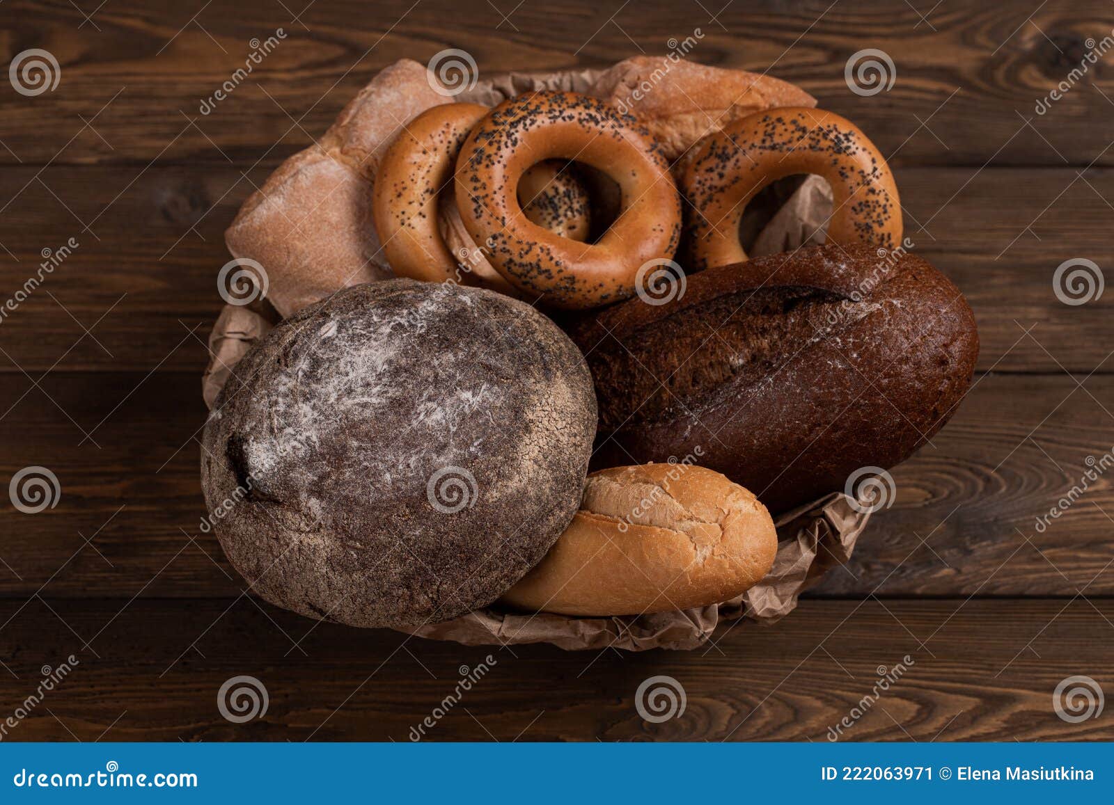 Rustic Bread in Bowl on Wooden Background Top View Stock Image - Image ...