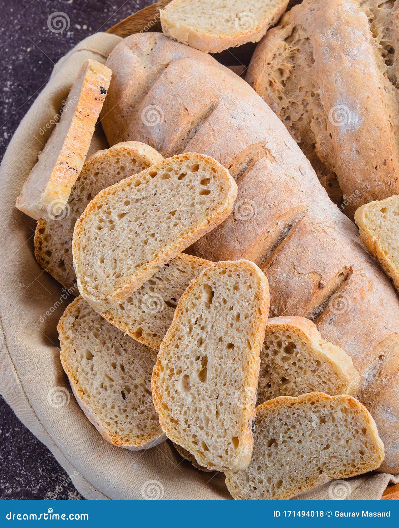 Rustic Bread Loaf Slices in a Bread Basket Stock Photo - Image of time ...