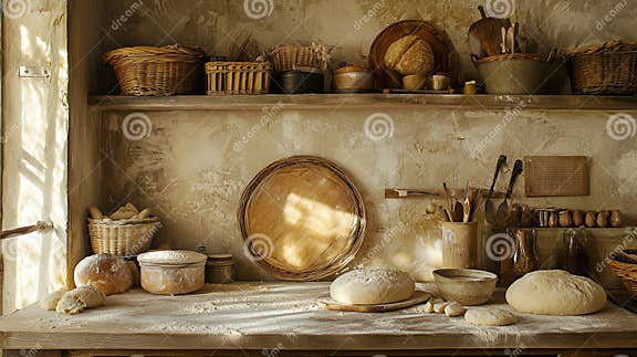 A Rustic Bread-making Workshop with Kneaded Dough and Flour-covered ...