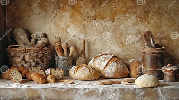 A Rustic Bread-making Workshop with Kneaded Dough and Flour-covered ...