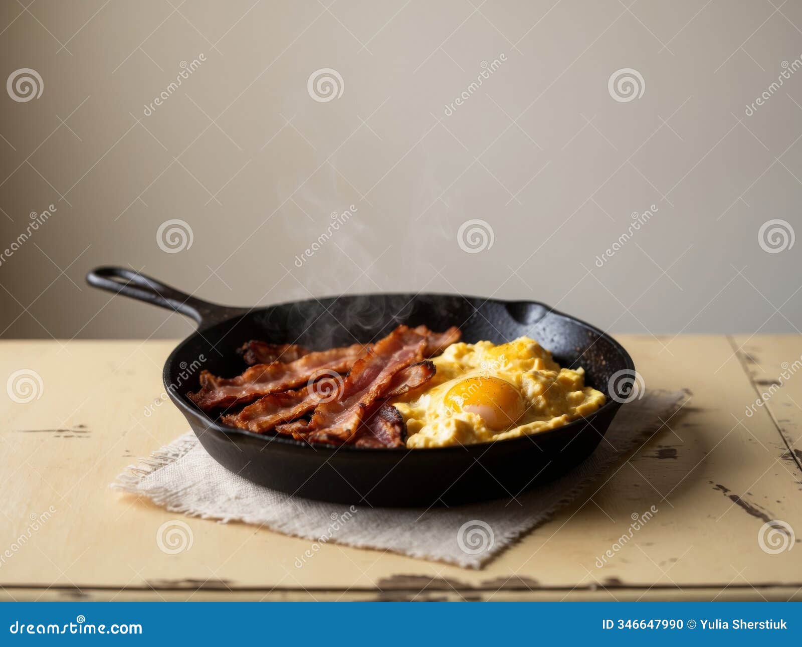 Rustic Breakfast Delight Sizzling Bacon and Eggs in a Cast Iron Skillet ...