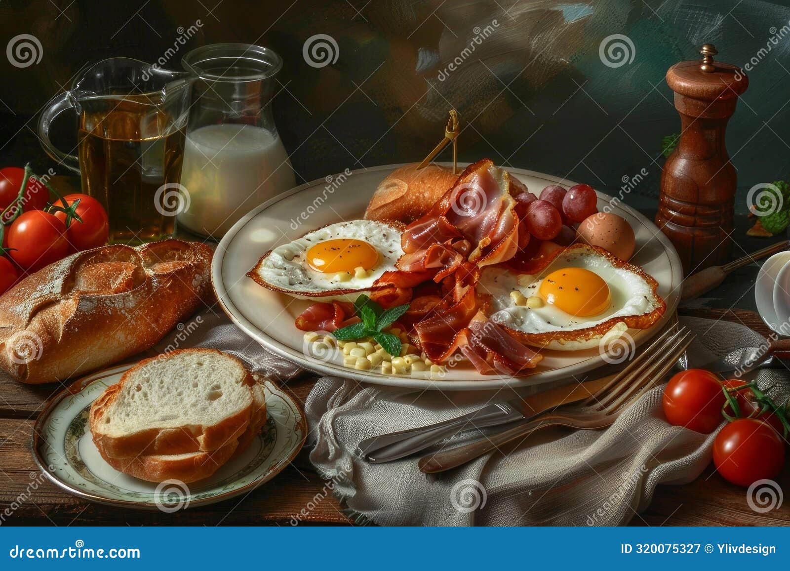 Rustic Breakfast Feast with Eggs and Bacon Stock Image - Image of milk ...