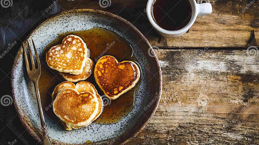 A Rustic Breakfast Setup with Heart-shaped Pancakes and Maple Syrup ...