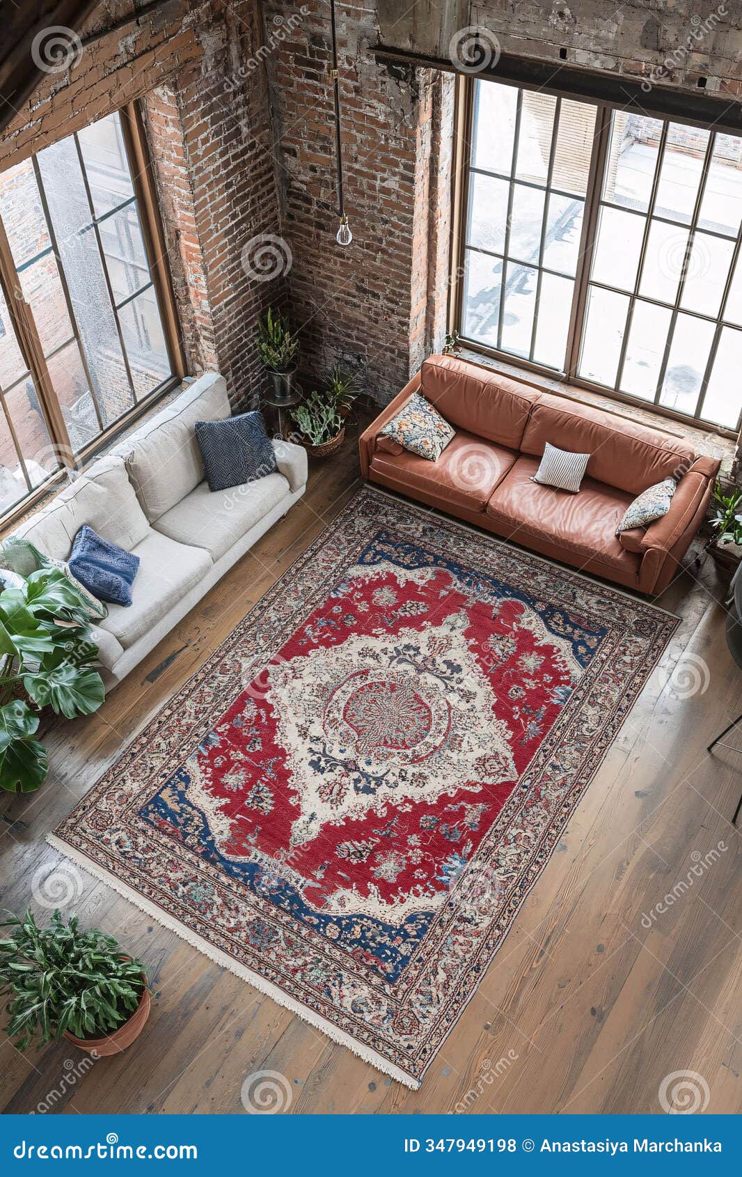 Rustic Brick Loft with Red Persian Carpet Stock Photo - Image of ...