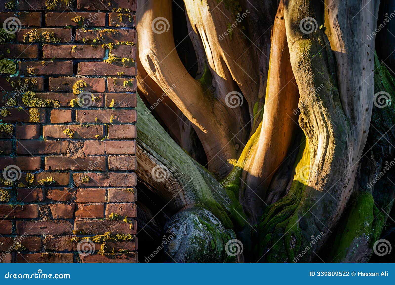 Rustic Brick Wall with an Entwined Tree Trunk Stock Illustration ...