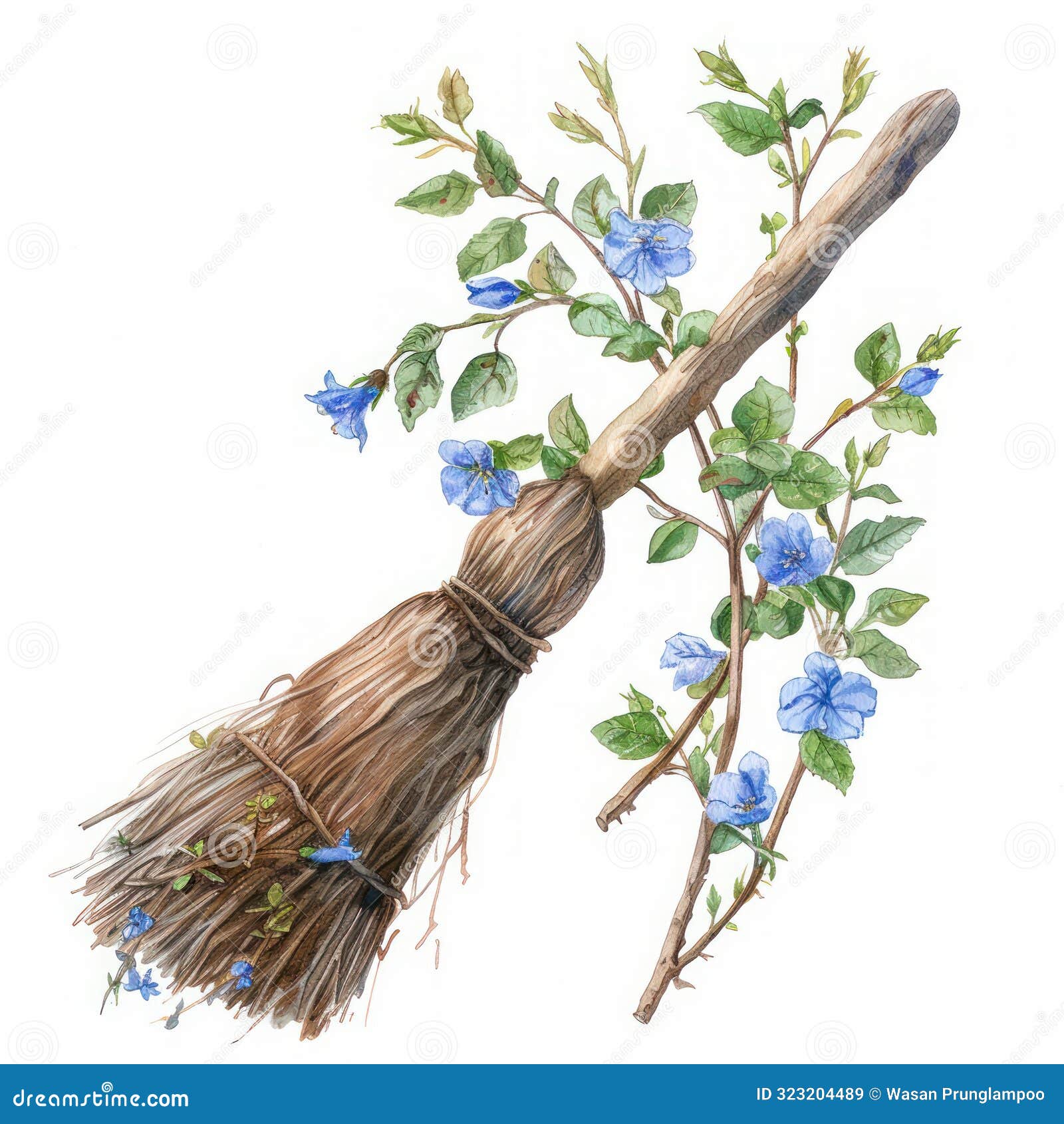 A Rustic Broom with Blue Flowers and Green Leaves on a White Background ...