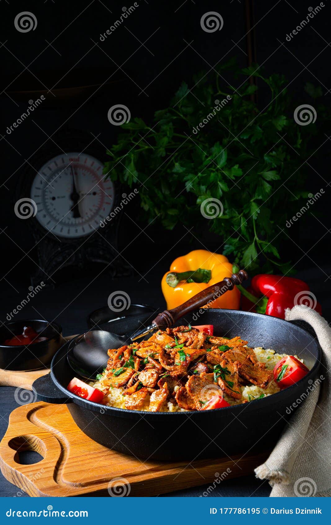 Rustic Bulgur Pans with Gratinated Gyros and Yoghurt Stock Image ...