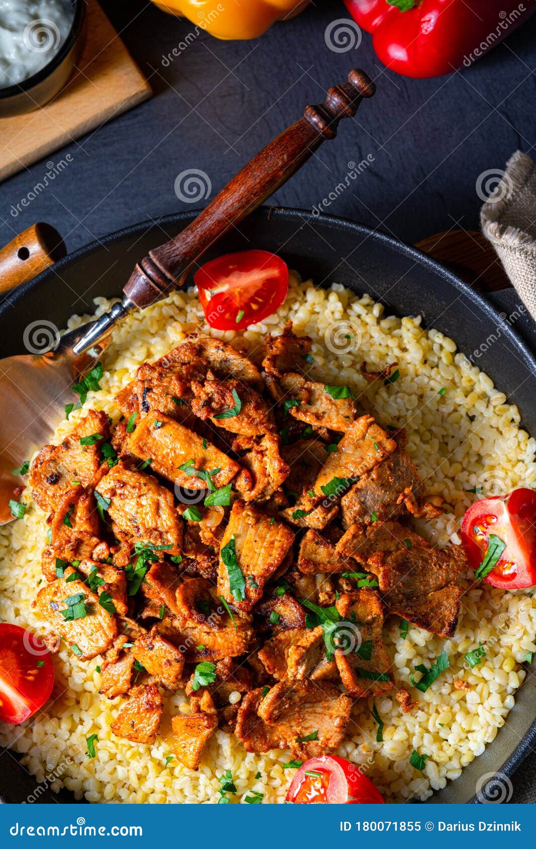 Rustic Bulgur Pans with Gratinated Gyros and Yoghurt Stock Image ...