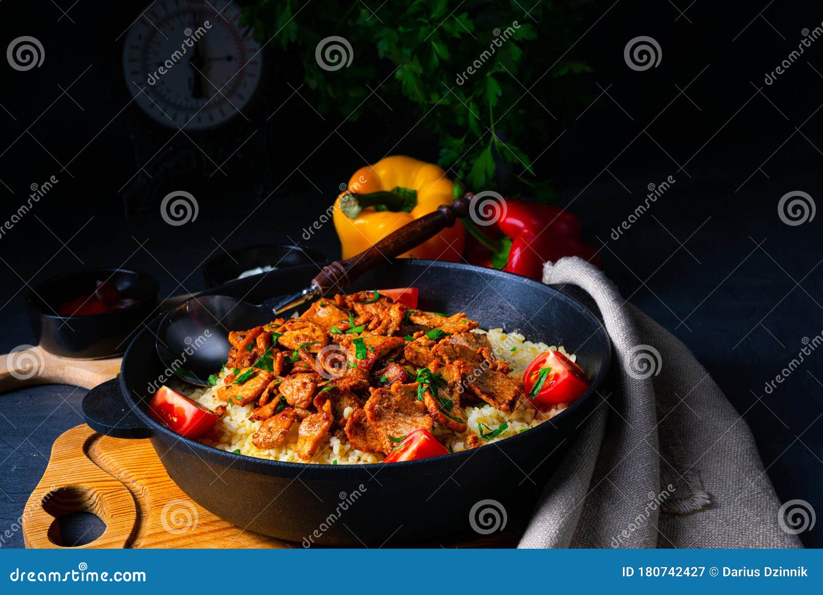 Rustic Bulgur Pans with Gratinated Gyros and Yoghurt Stock Image ...