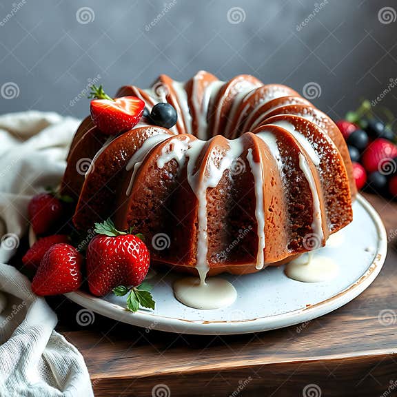 A Rustic Bundt Cake with a Drizzle of Icing and Fresh Fruit Stock ...