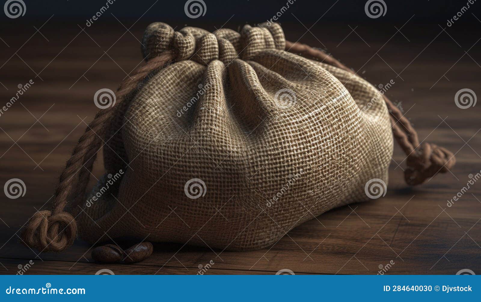 Rustic Burlap Sack Tied with Rough String on Wooden Plank Generated by ...